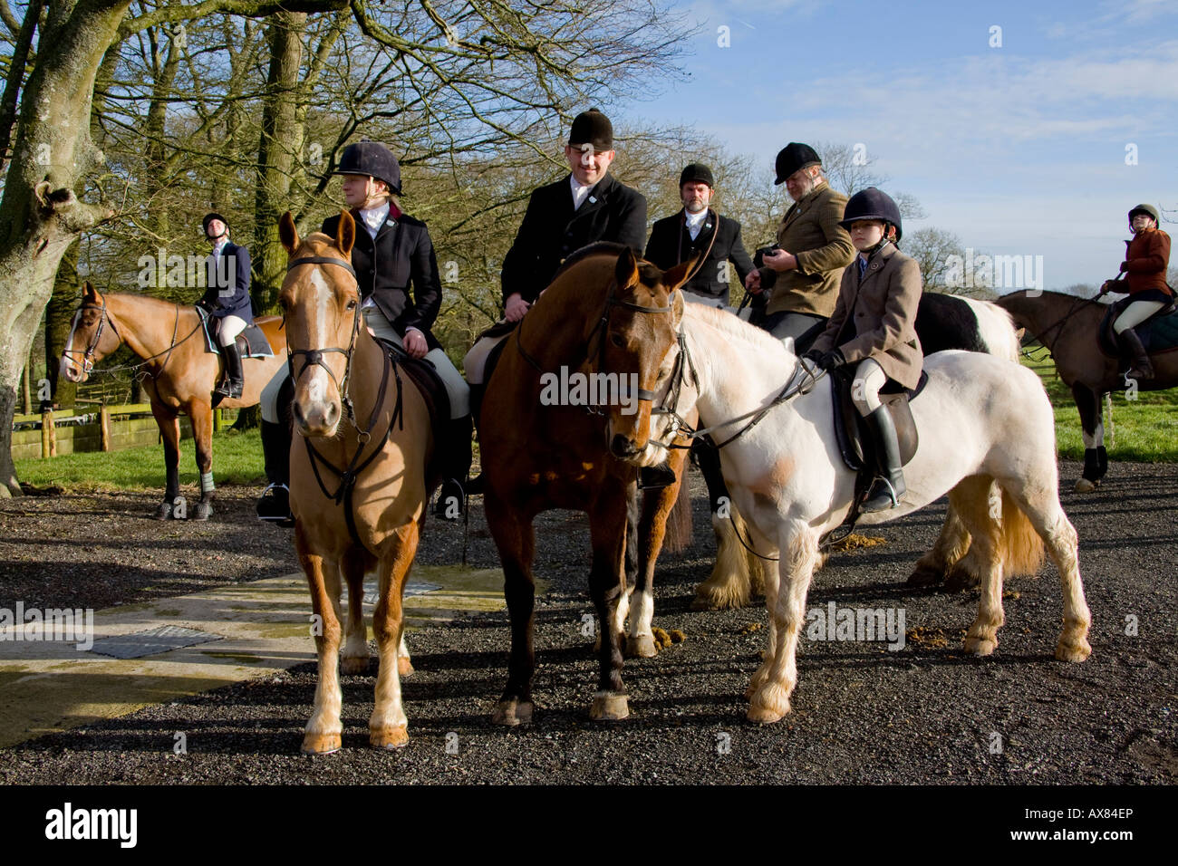 Riders on horses at fox hunt meeting, Pembrokeshire, Wales Stock Photo ...