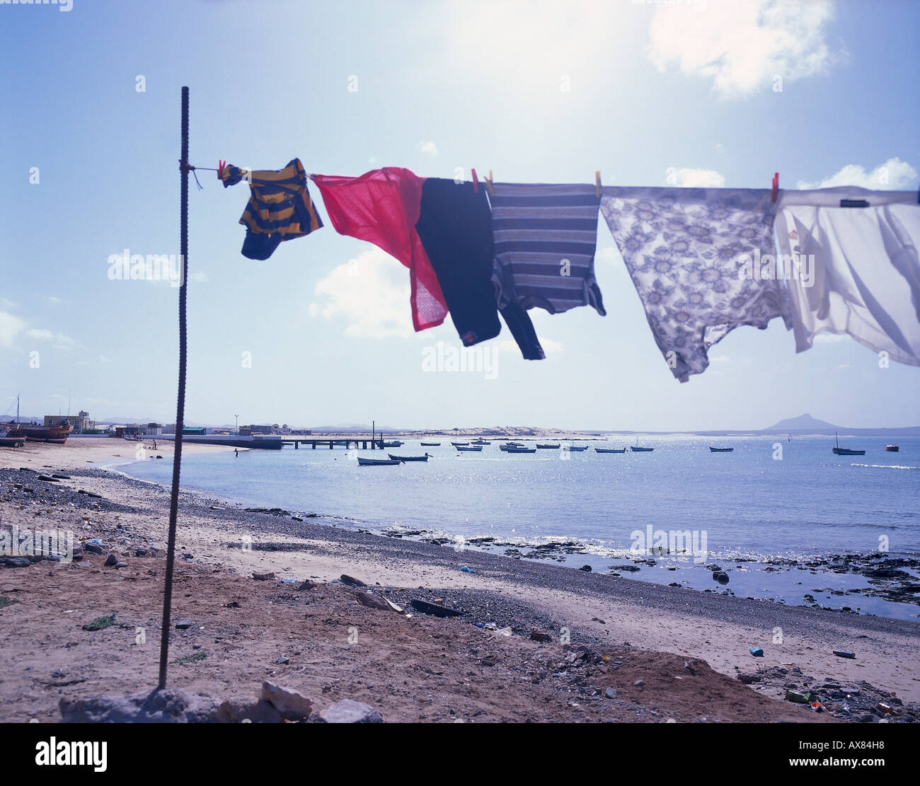 Washing drying on a washing line on the beach, Boa Vista, Cape Verde ...