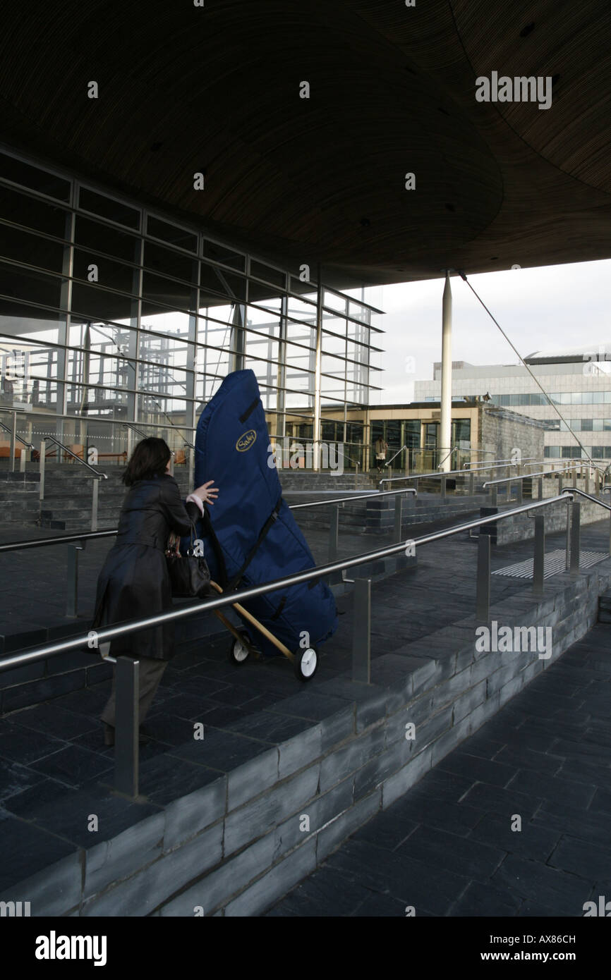 Woman pushes a harp outside Welsh Assembly Government Senedd Building ...