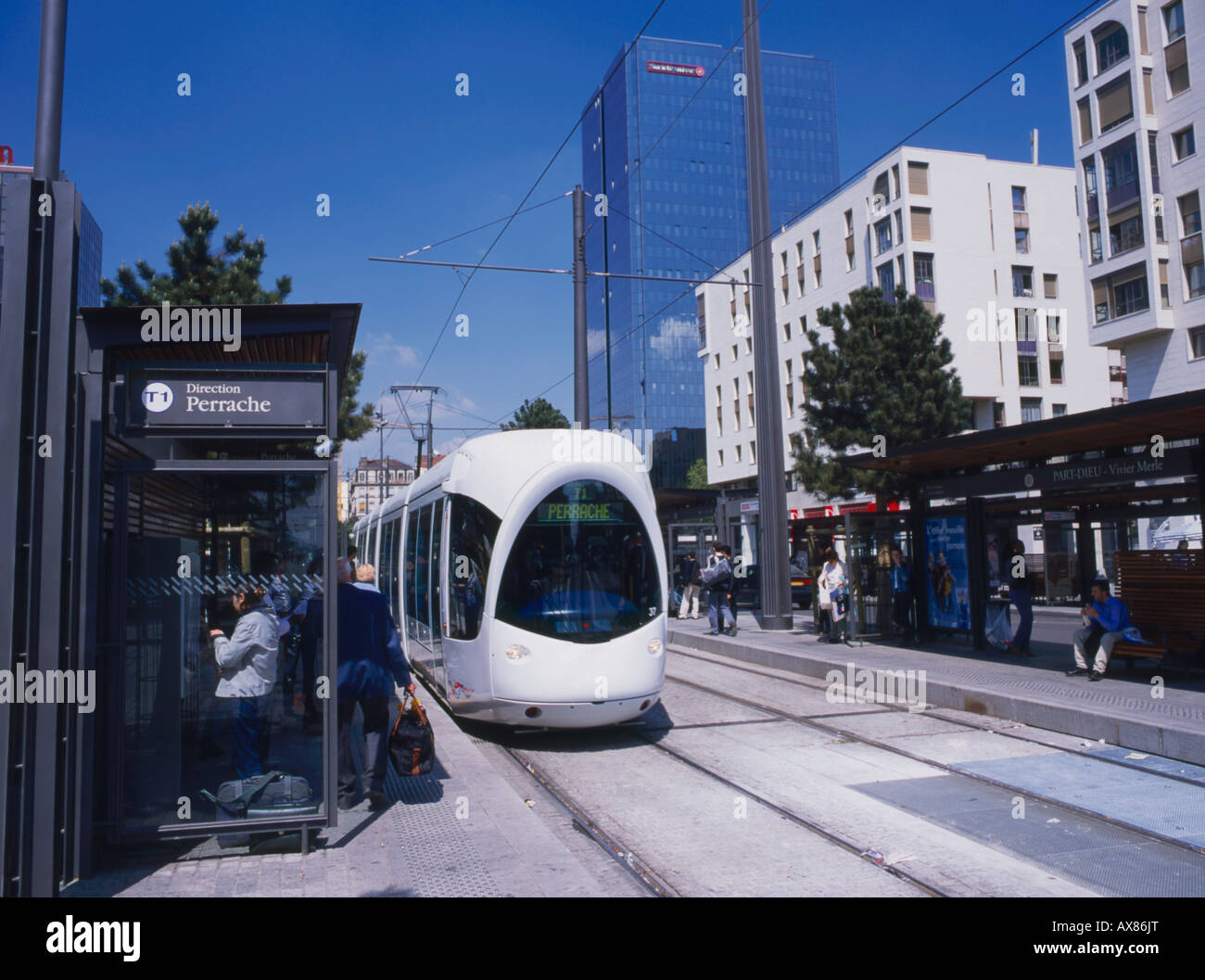 Lyon, France. Modern tram at tram stop heading to Lyon Perrache Railway ...