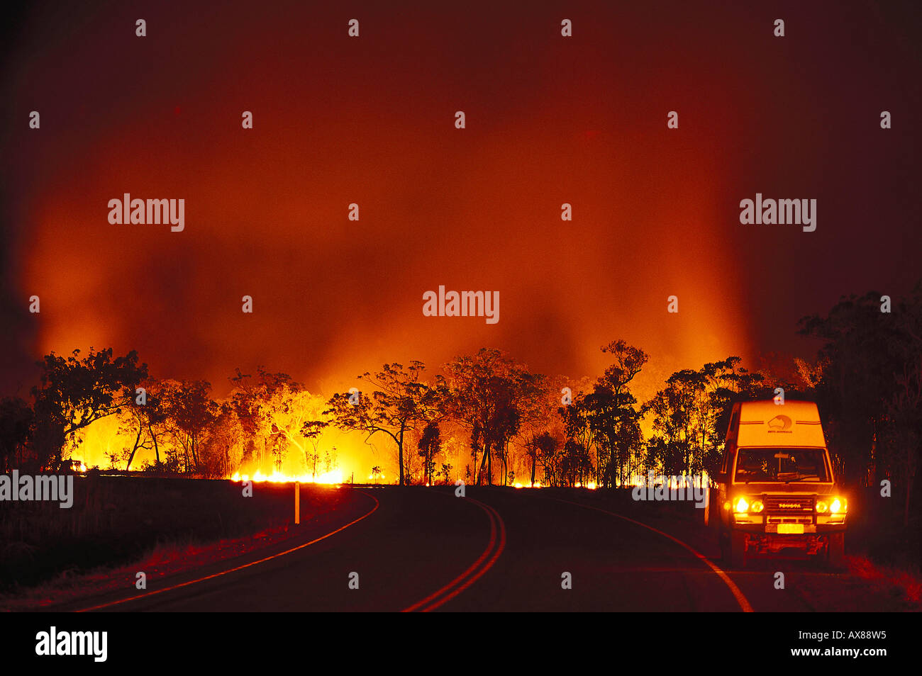 Bush fire at Arnhem Highway at night, Kakadu National Park, Northern ...