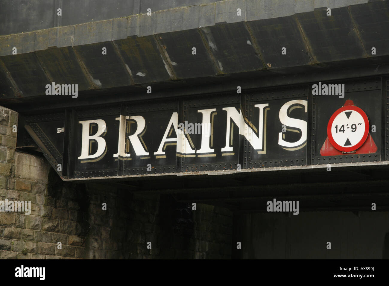 Brains Brewery Sign on railway bridge in Cardiff Wales Stock Photo - Alamy
