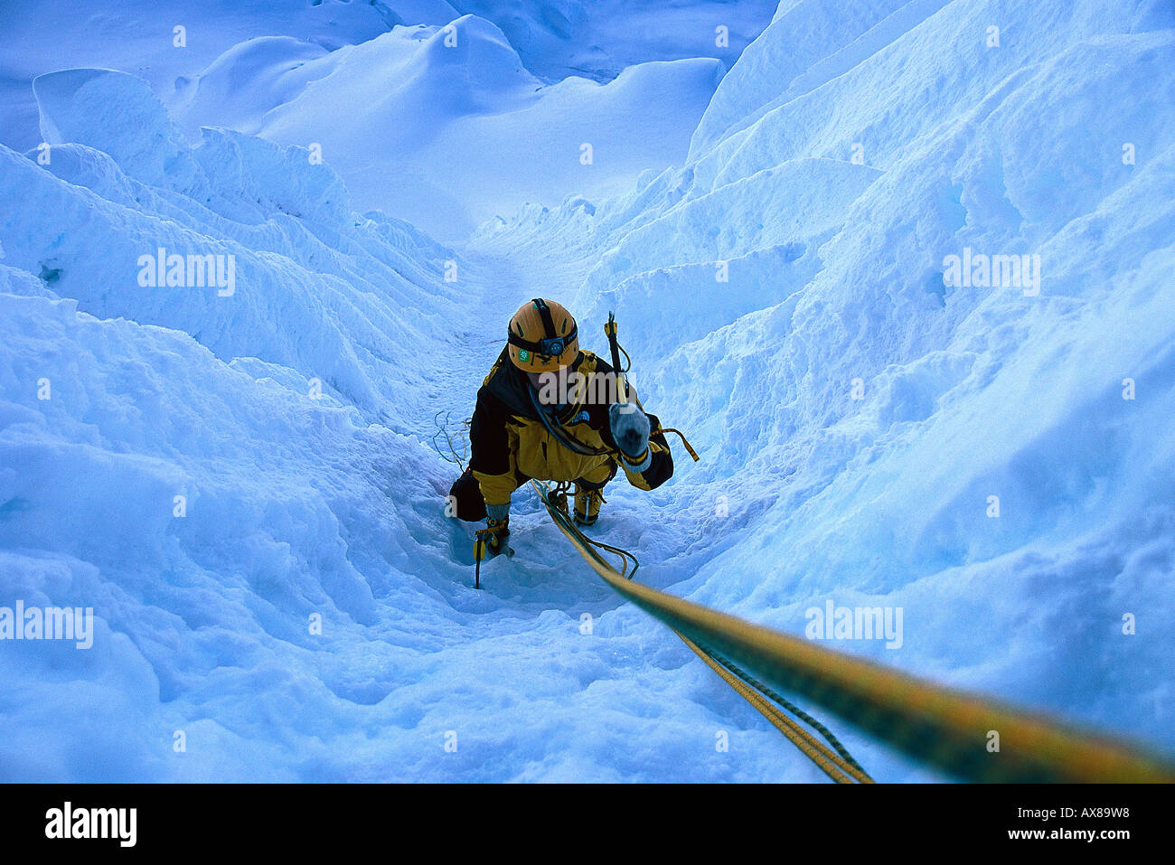 Climber in ice channel, Alpamayo 5.947m, Cordillera Blanca, Peru Stock ...
