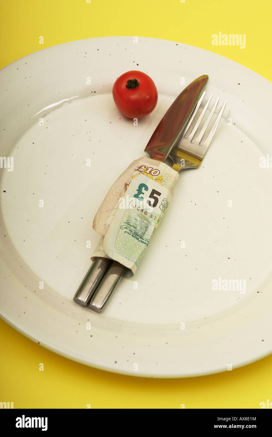 The cost of a meal concept food plate money cash cutlery Stock Photo ...