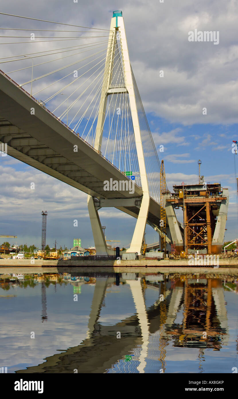 the cable braced bridge across Neva river Saint Petersburg Russia Stock ...