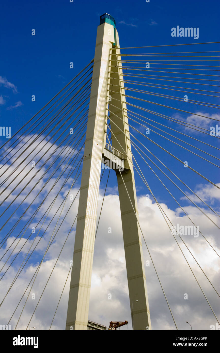 the pier of cable braced bridge across river Stock Photo - Alamy