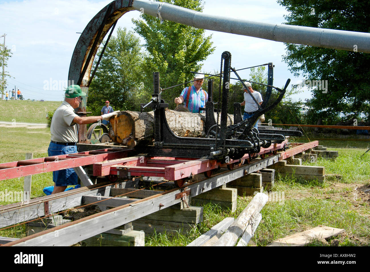 Demonstration of Steam powered log cutting saw as it was done circa ...