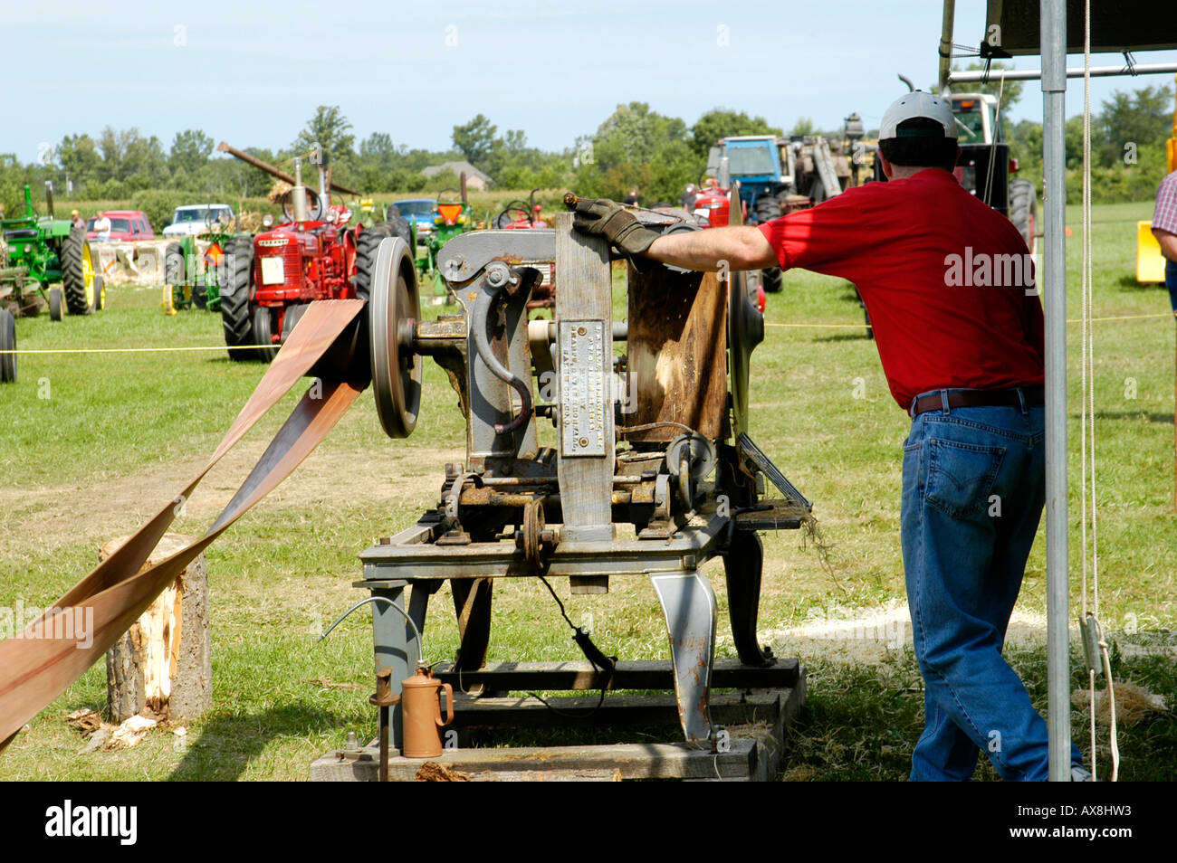 Demonstration of Steam powered log cutting saw as it was done circa ...