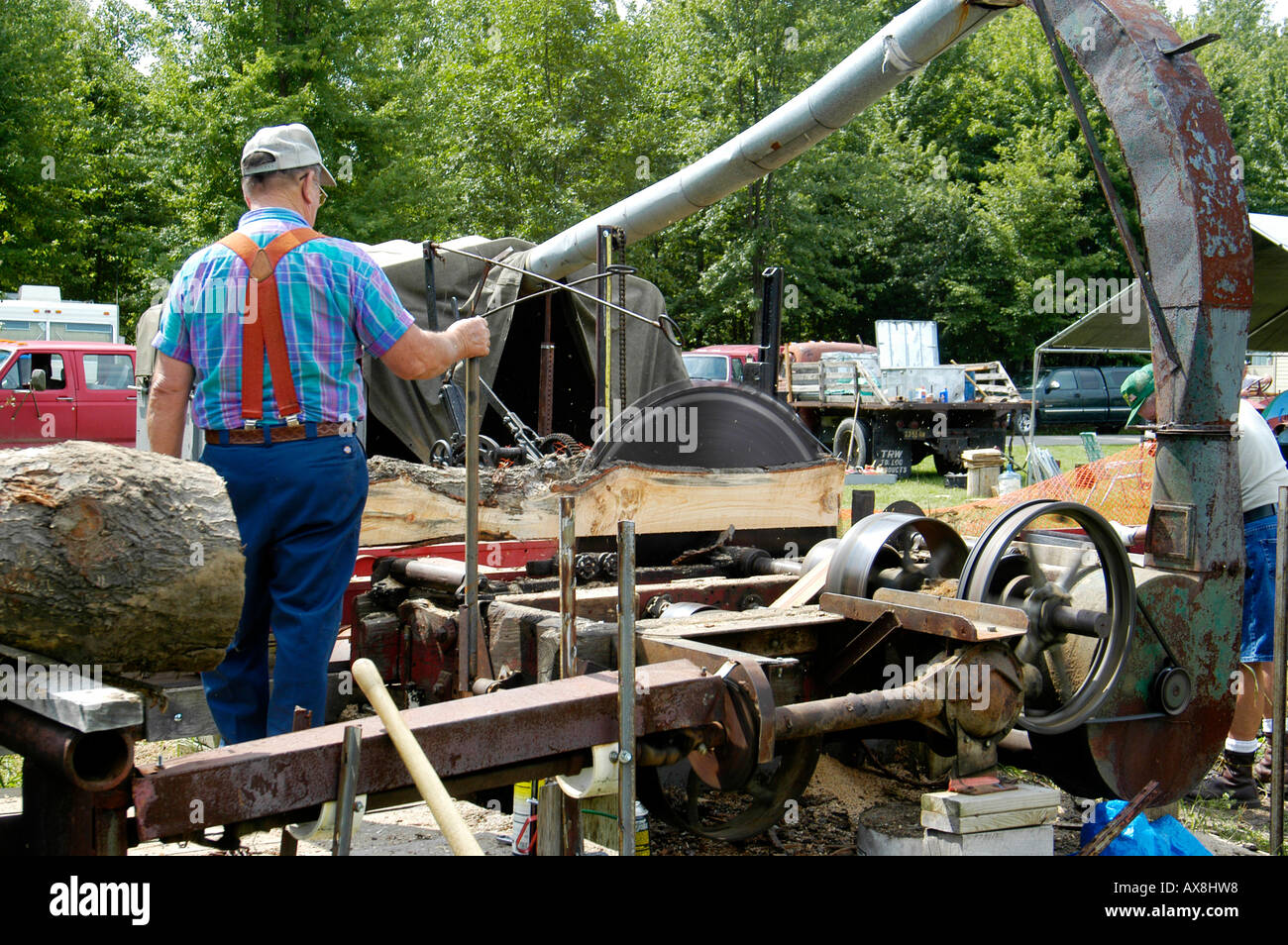 Demonstration of Steam powered log cutting saw as it was done circa ...
