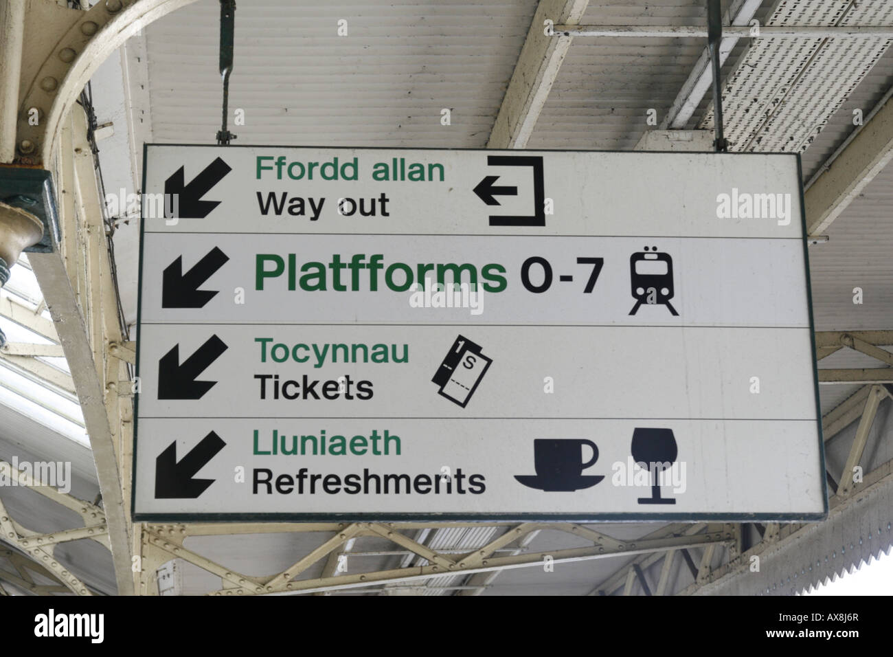 Bi-lingual information Signs at Cardiff Railway Station Stock Photo - Alamy