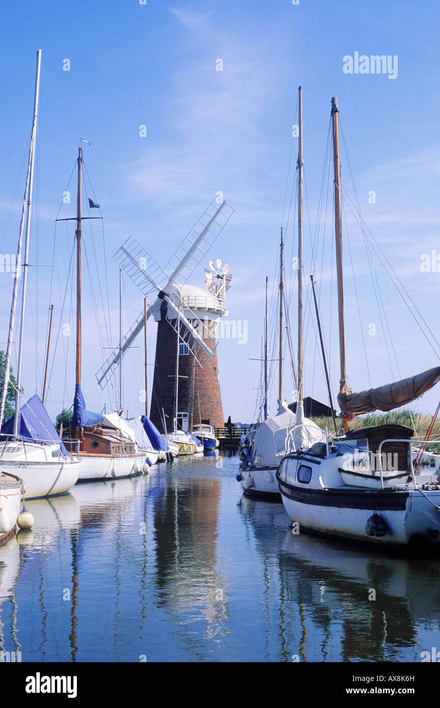 Horsey Windmill drainage mill Norfolk Broads boats masts sails tower ...