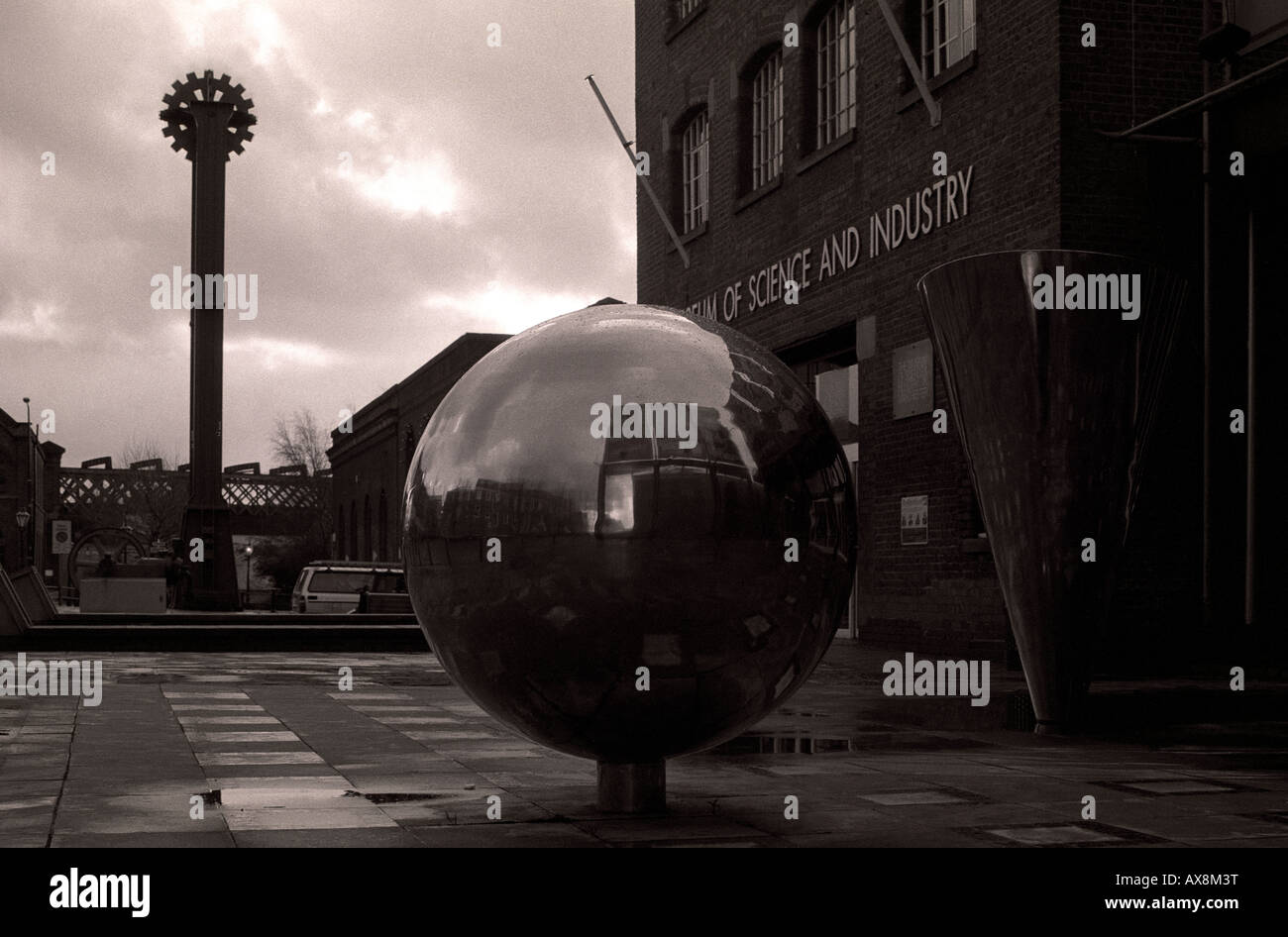 Silver ball sculpture outside MOSI, Museum of Science & Industry ...