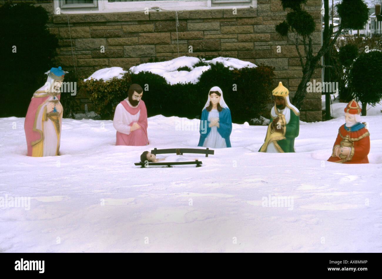 Snow covered Nativity scene in garden of US home Stock Photo - Alamy