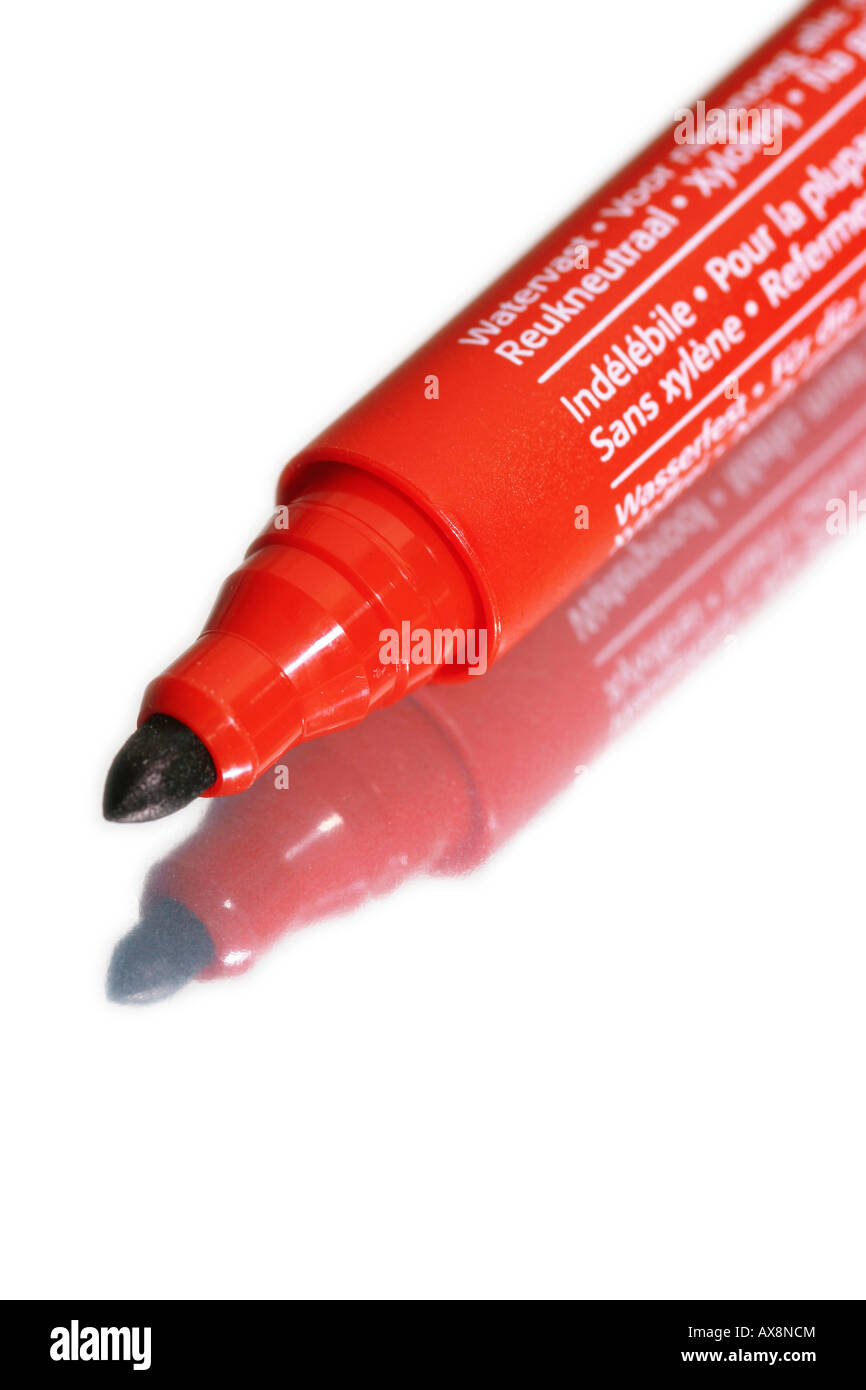Red marker resting on a reflective white background Stock Photo - Alamy
