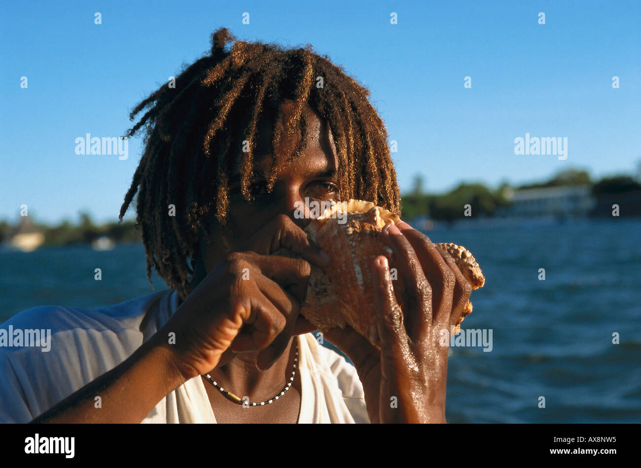 Man blowing conch shell hi-res stock photography and images - Alamy
