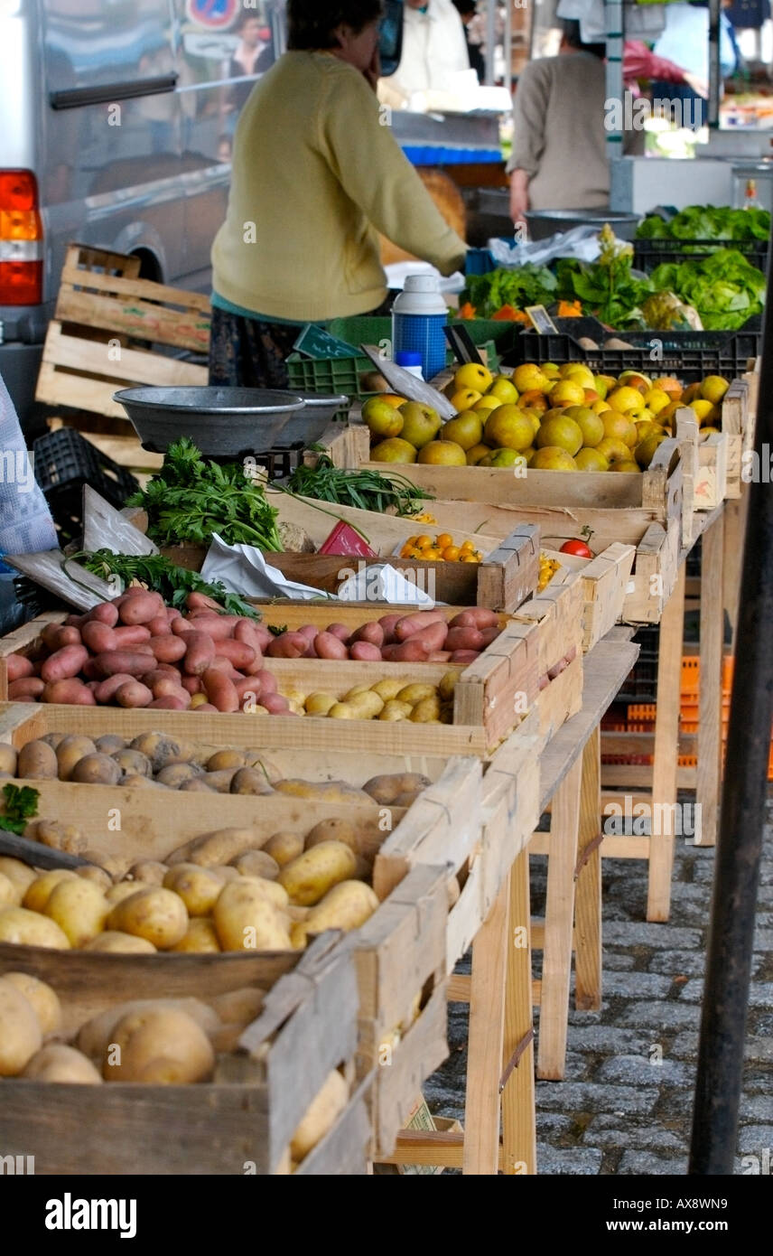 French outdoor market vegetable stall in Honfleur, Normandy Stock Photo ...