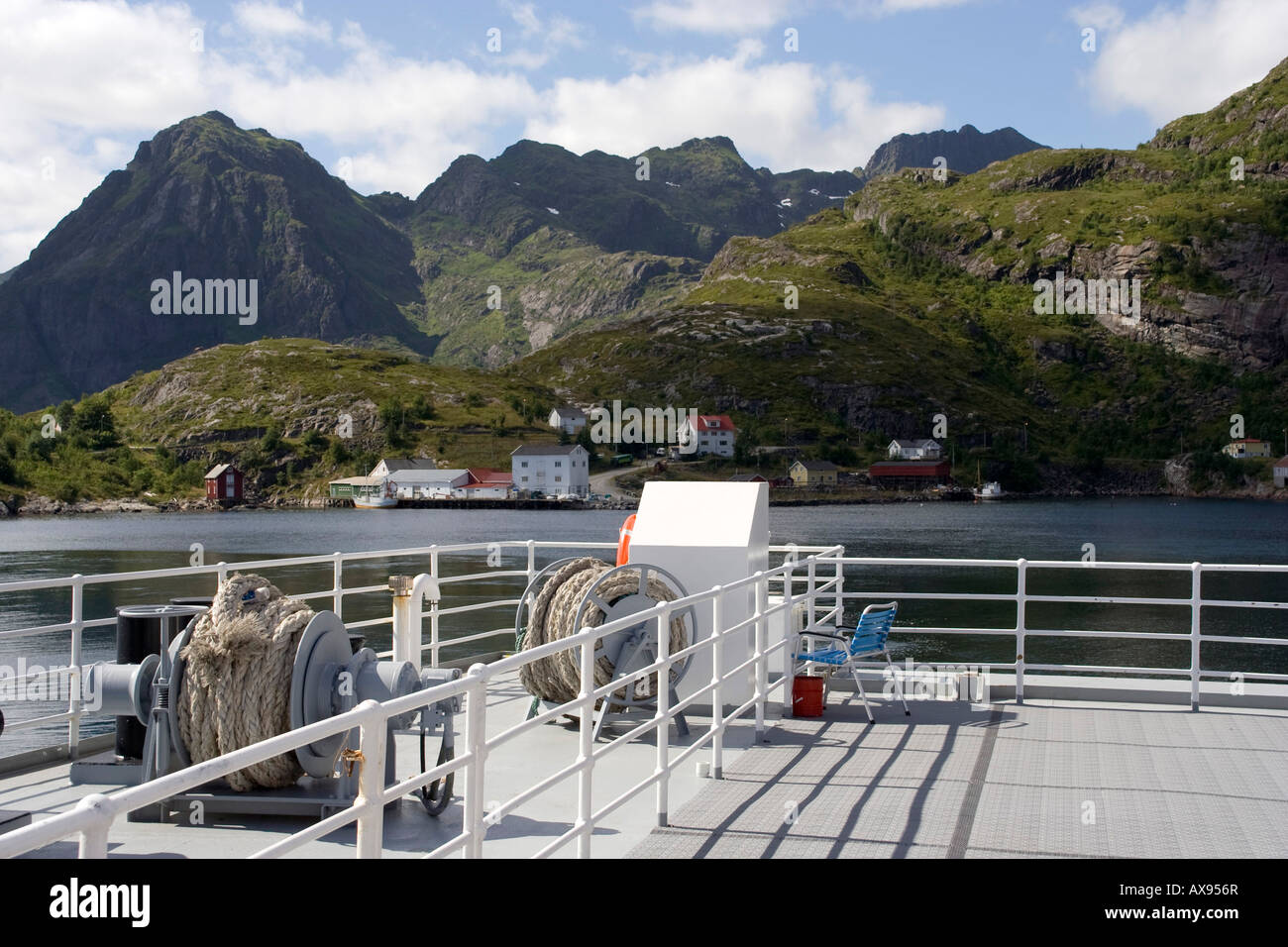 arriving by ferry from bodo at Moskenes lofoten islands norway summer ...