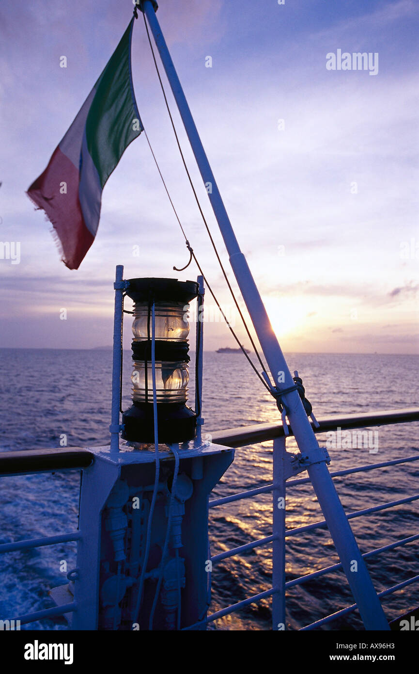 Italian flag on ferry boat between Livorno, Italy and Corsica, France ...