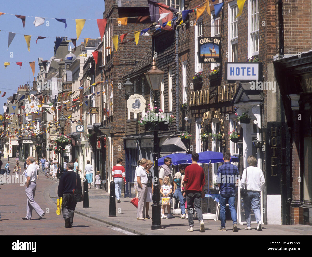 Rochester High Street people Kent town centre England UK English scene ...