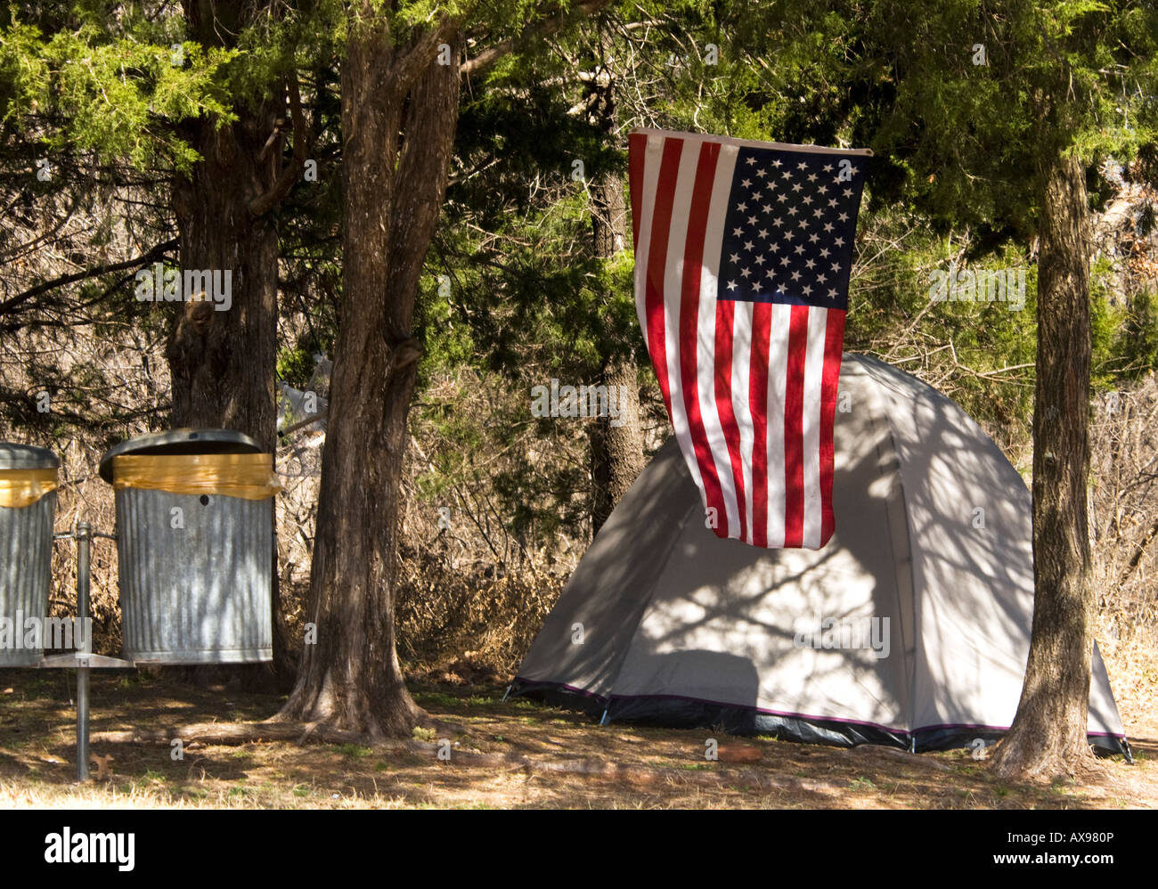 Campers fly the American flag over their campsite in Oklahoma, USA ...