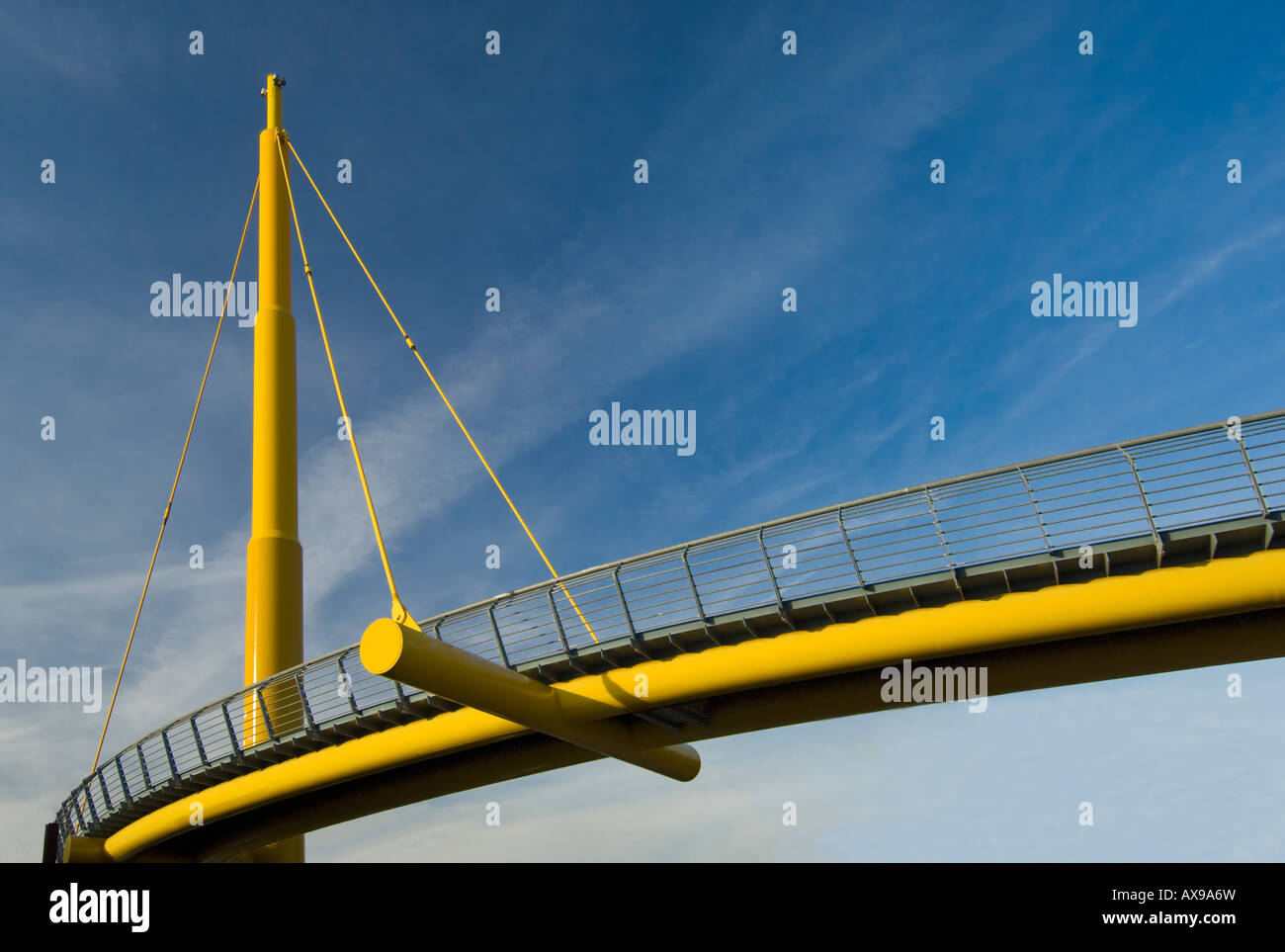 Yellow pedestrian bridge near city of Willich, Northrine-Westfalia ...