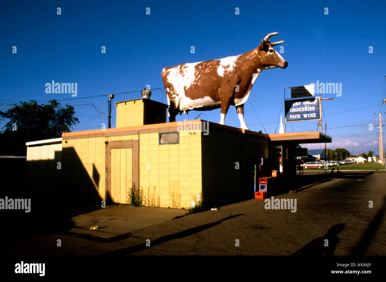 Model cow on roof of US grocery store Stock Photo - Alamy