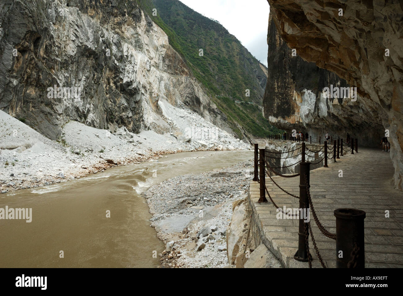 Trail carved into the marble cliff along the Tiger Leaping Gorge ...