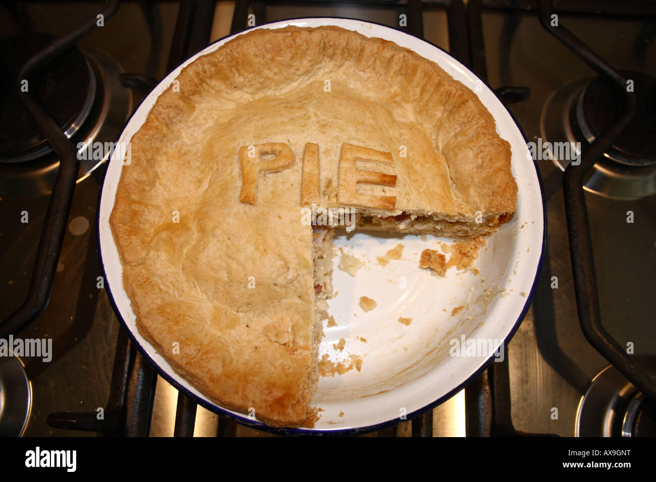 "A cooked chicken pie with the word 'pie' in pastry letters on top and ...
