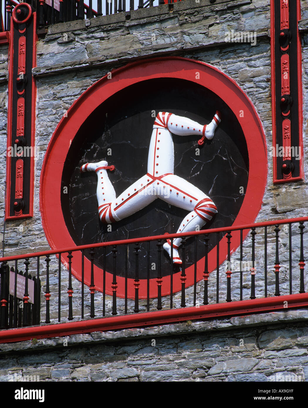 Isle of Man symbol on Laxey Wheel, Laxey, Isle of Man Stock Photo - Alamy