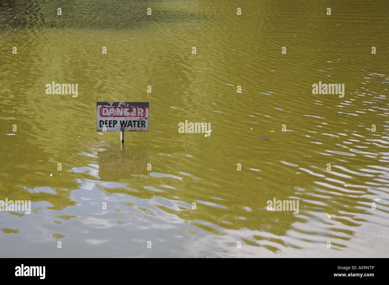 Deep Water danger sign in a pond at the Adelaide Botanic Gardens Stock ...