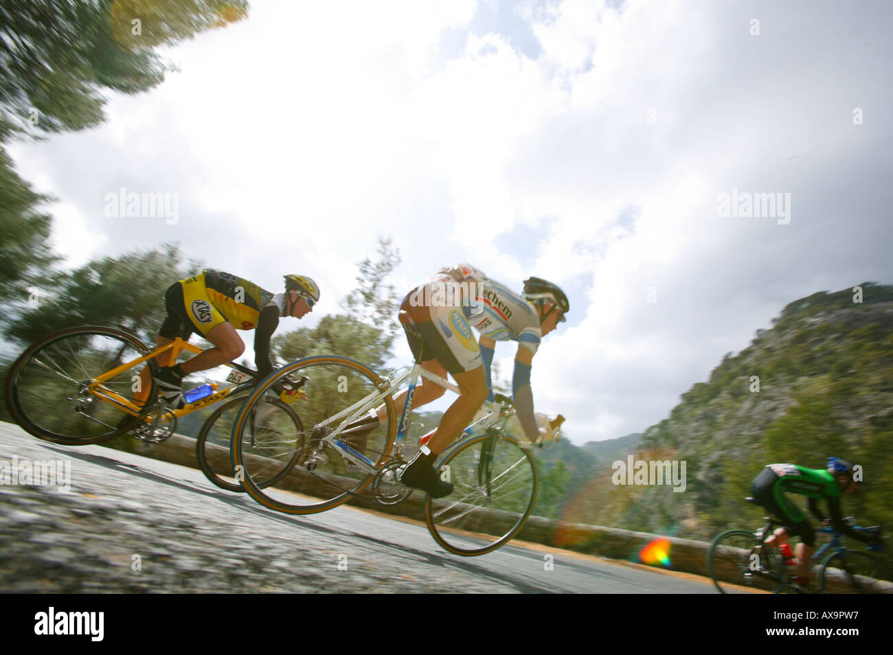 A group of cyclists, amateur cycle race, near Selva, Majorca, Balearic ...