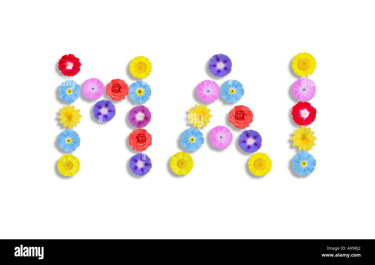 month may Mai written with flower heads Stock Photo - Alamy