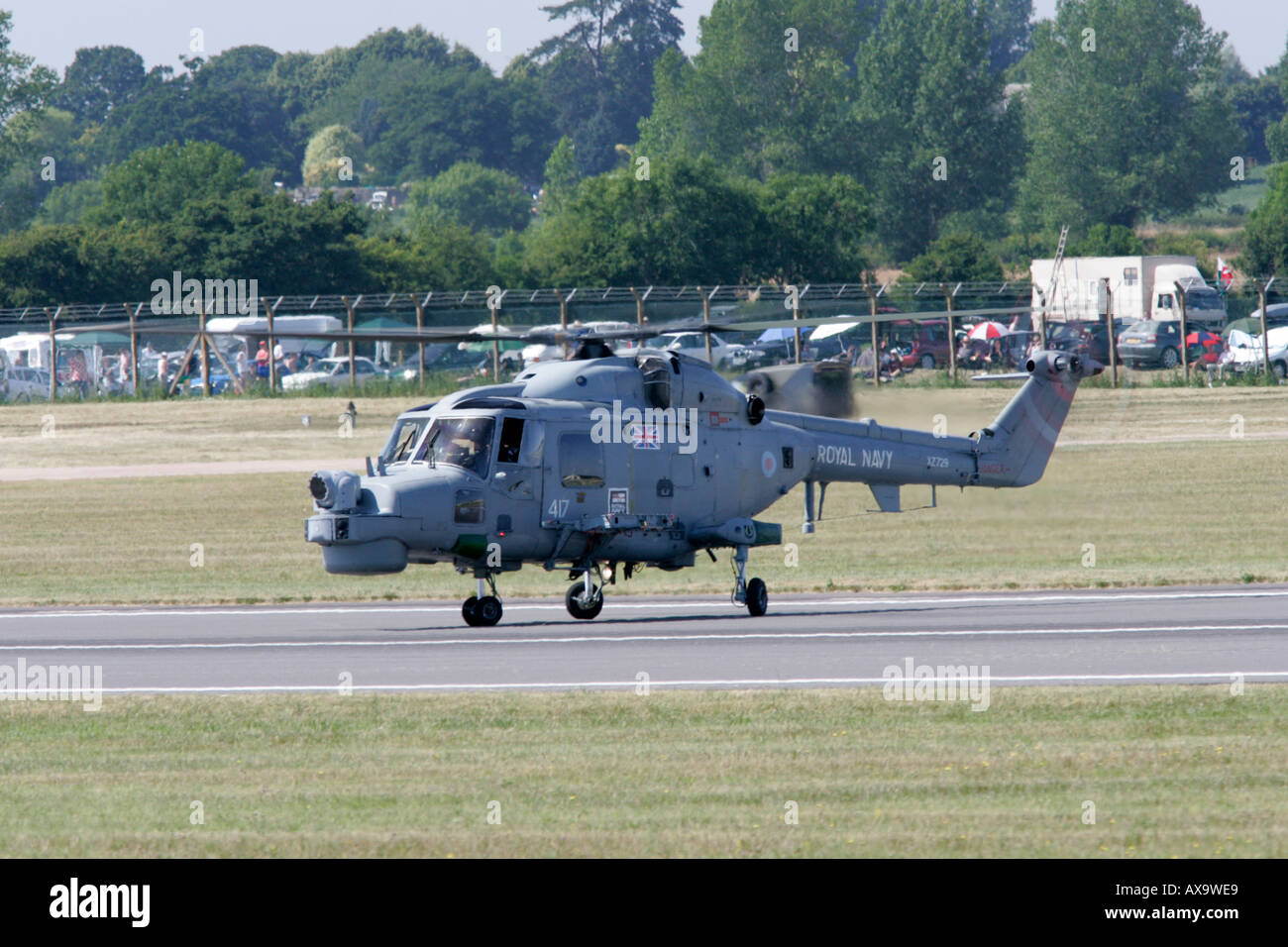 British Royal Navy Black Cats Lynx Helicopter landing on runway at RIAT ...