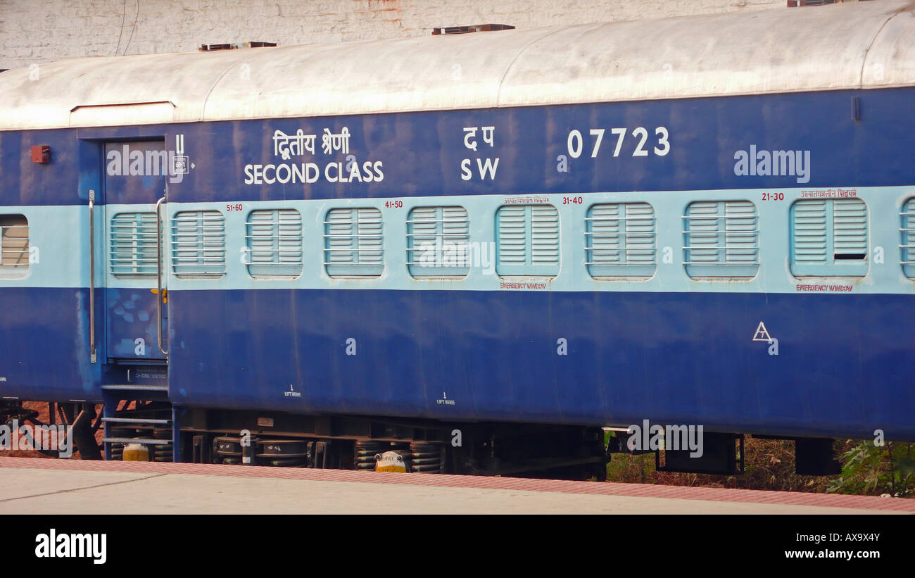 Second class sleeper carriage of a train stopped at a station in South ...