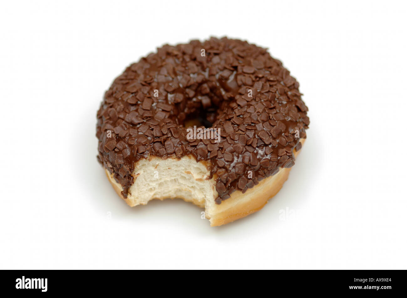 Munched Chocolate covered american ring donut on white background Stock ...