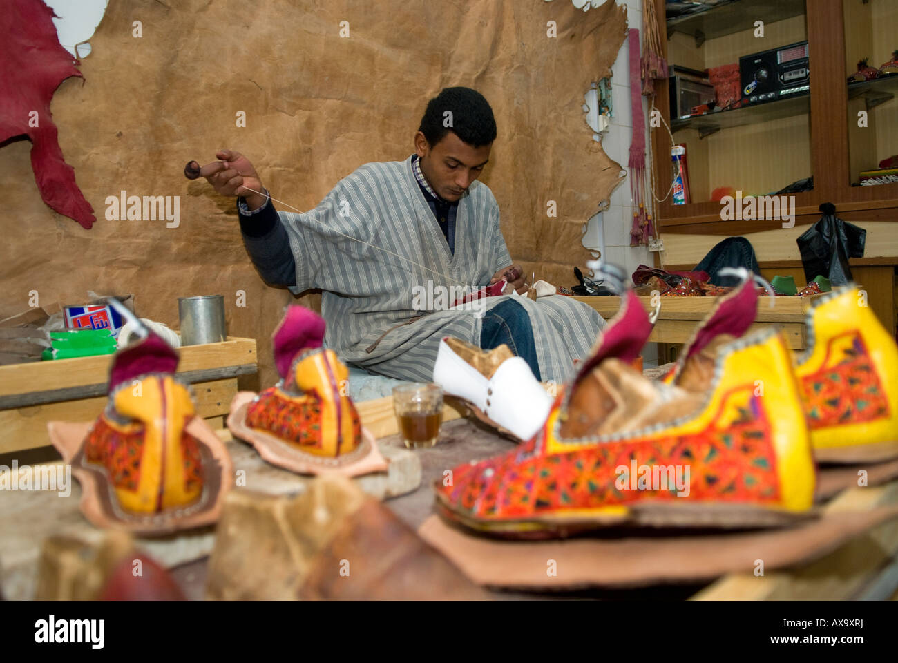 Shoe making at the Bin Yedder workshop GHadames Libya Stock Photo - Alamy