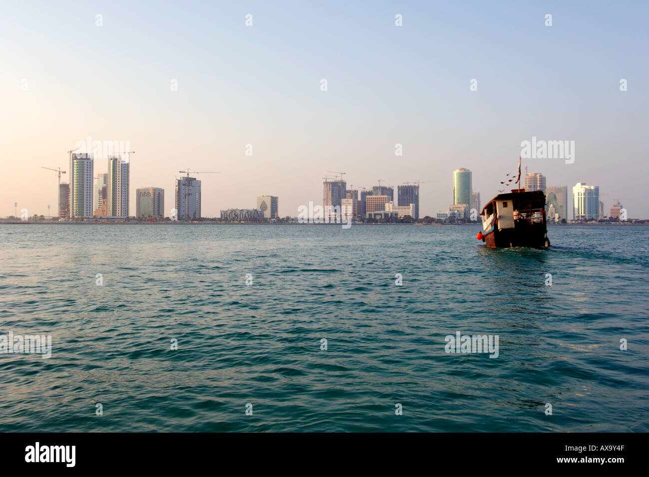 A view from Palm Tree Island of the buildings along west bay in Doha ...