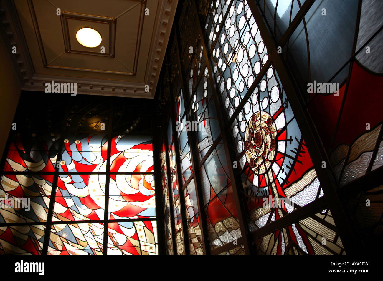 Modern stainglass windows in a chapel of St James church Sydney ...