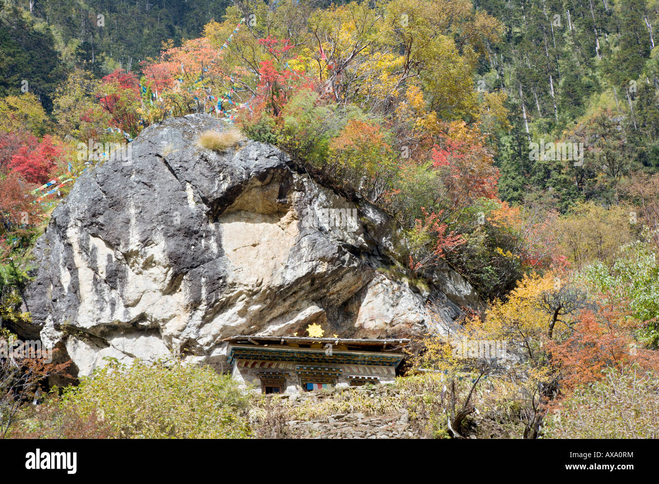 Tibetan Buddhist monk's quarters along trail to holy waterfall, Yubeng ...