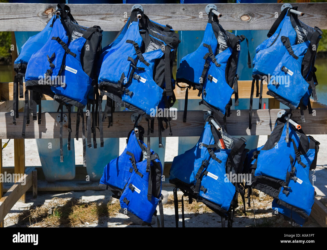 Life preservers on a rack Stock Photo - Alamy