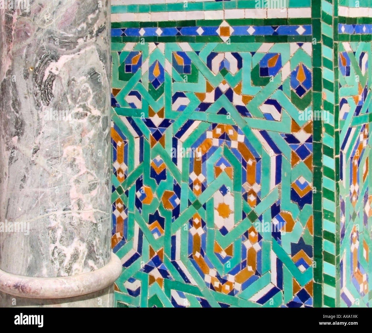 Close up of Moroccan mosaics in traditional colours and patterns, Fez ...