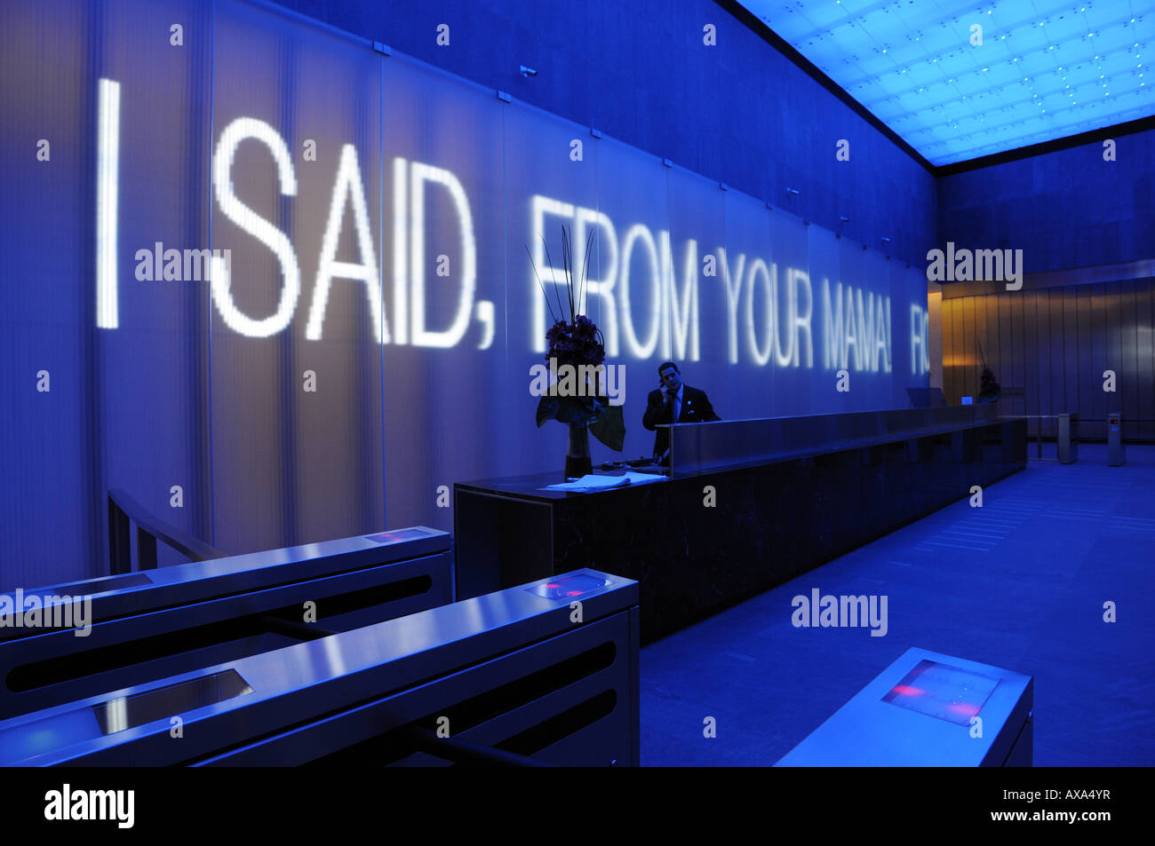 The lobby of 7 World Trade Center in Lower Manhattan is bathed in blue ...