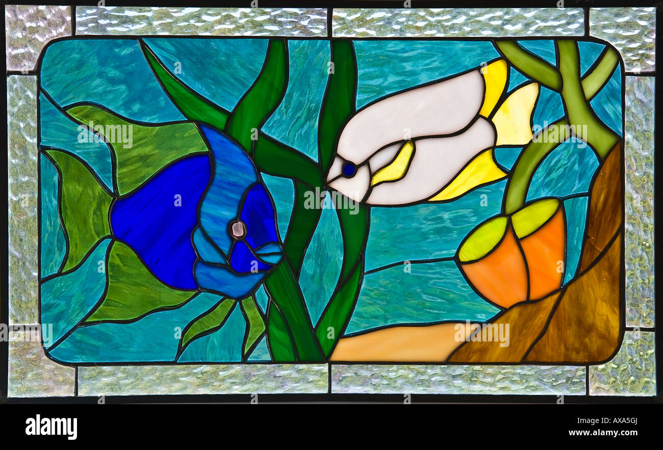 Stained glass ocean scene with fish and aquatic plants Stock Photo - Alamy