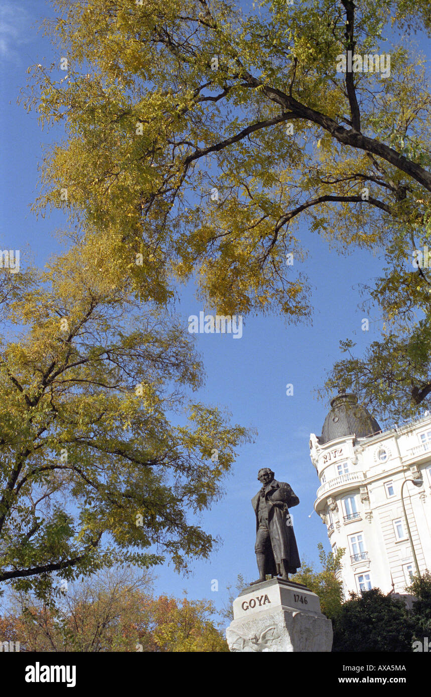 Goya sculpture beneath trees in the sunlight, Madrid, Spain, Europe ...