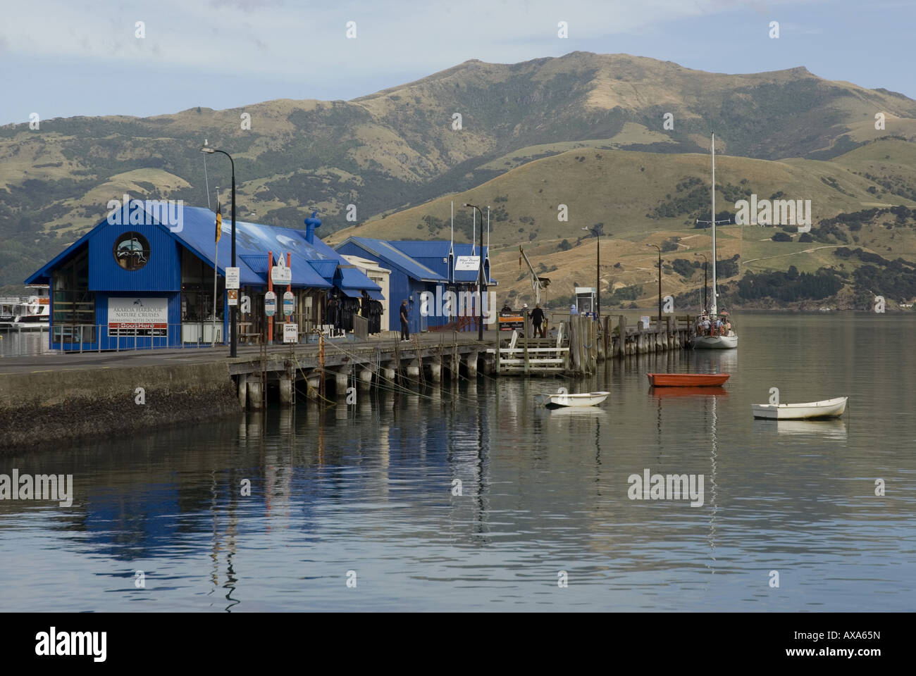 Main Wharf at Akaroa on the Banks Peninsula, New Zealand Stock Photo ...