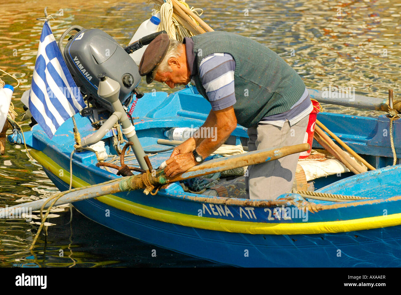 Greek fisherman, Grikos harbor, Patmos Island, Dodecanese, Greece Stock ...