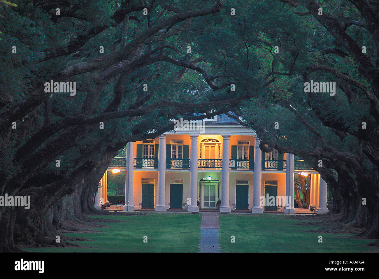 View through an oak alley at a house at dusk, Oak Alley Plantation ...