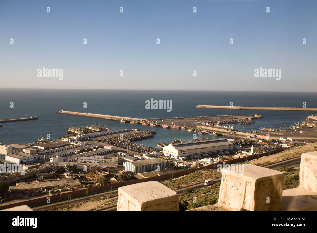 Agadir fishing port and ferry terminal General view. Sunny, blue sky ...