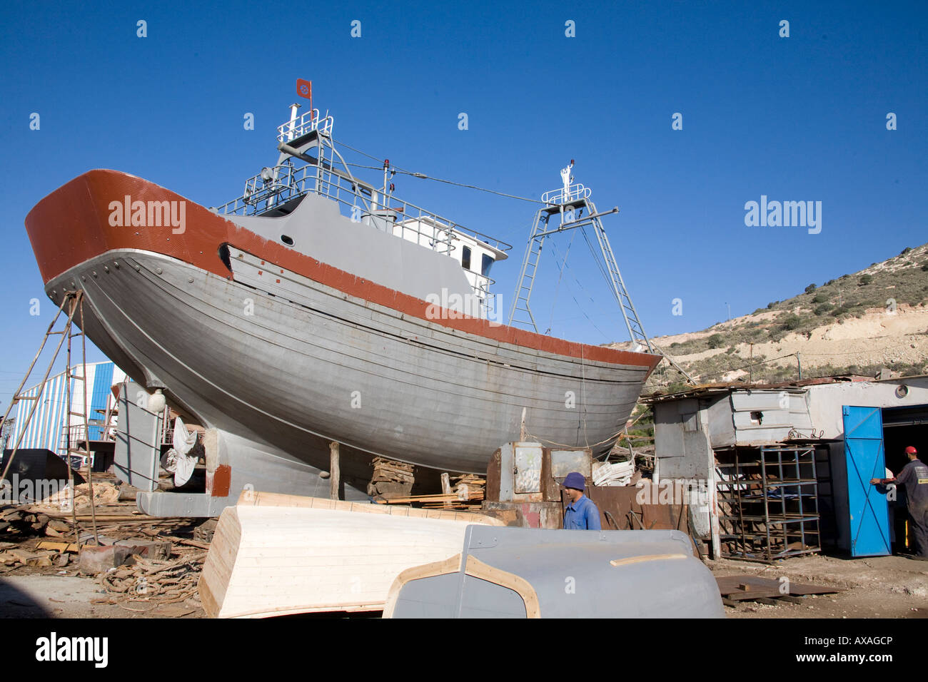 Ship Building in Agadir Boat yard, Morocco, Ships, hulls being worked ...
