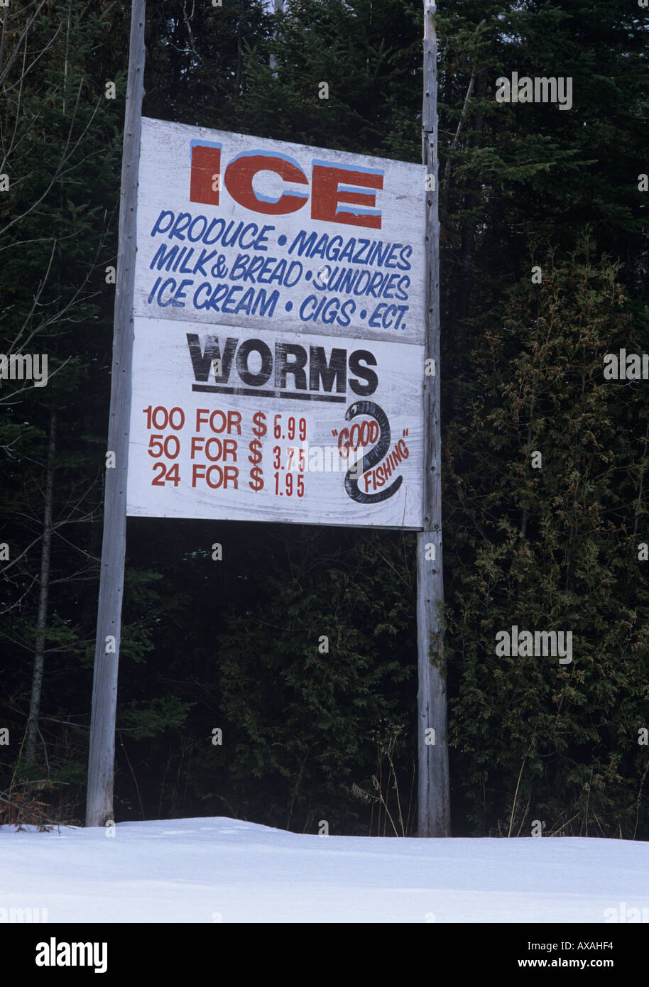Sign advertising Ice Worms and sundry goods for small general store ...